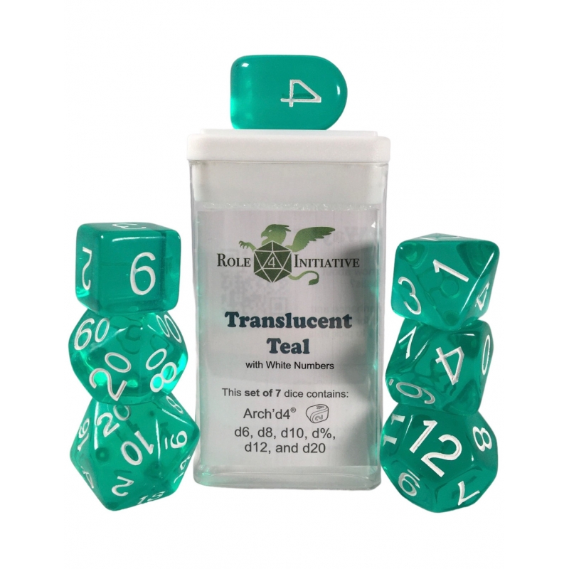 Mirax Hobbies - ROLE4 50117-7C SET OF 7 DICE TRANSLUCENT TEAL WITH ARCH ...